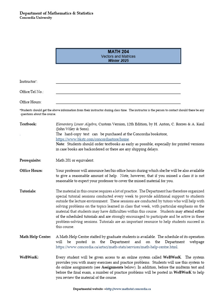 Course Outline - MATH 204 (Winter 2025) | PDF | Determinant | Matrix ...