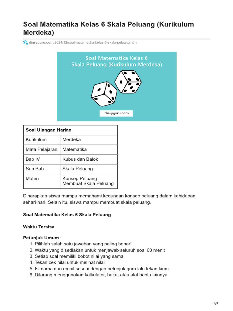 Soal Matematika Kelas 6 Skala Peluang Kurikulum Merdeka | PDF