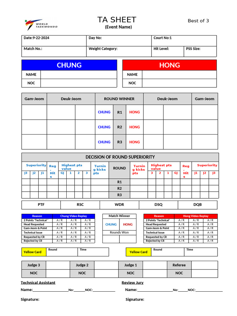 Taekwondo Match Results Sheet | PDF | Association Football
