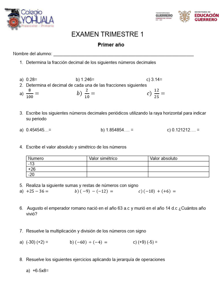 Examen de Matemáticas Primer Trimestre | PDF
