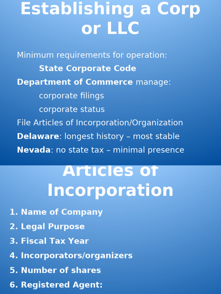 Establishing A Corporation or LLC Powerpoint | PDF