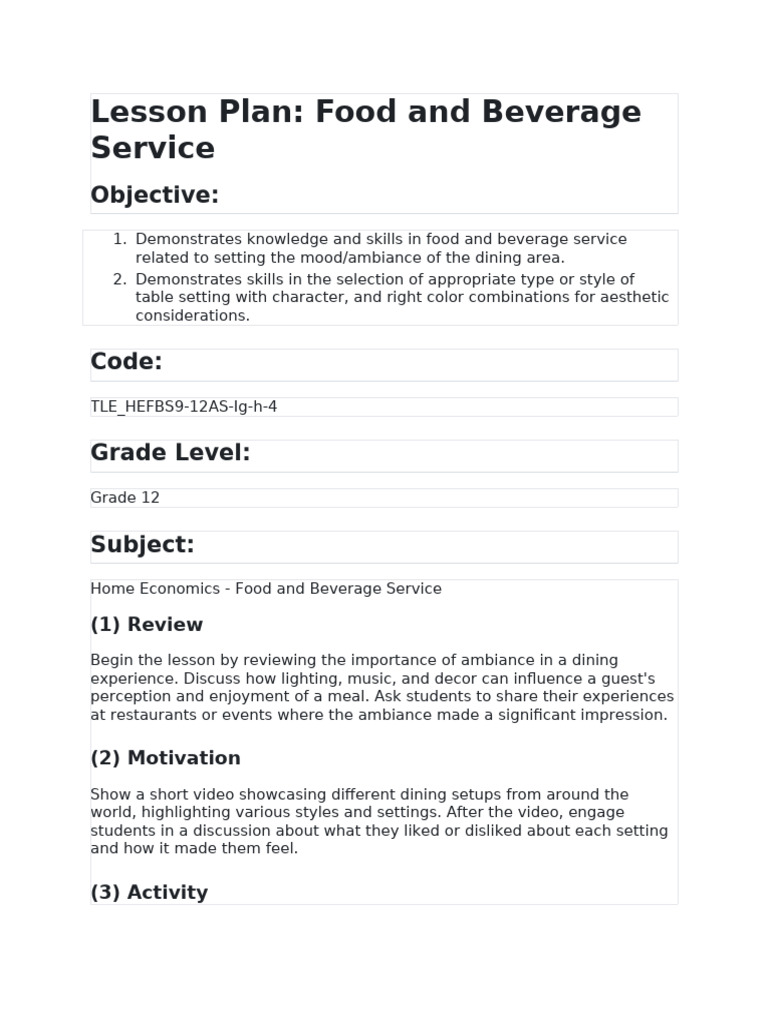 february lesson plan fbs | PDF | Restaurants | Lesson Plan