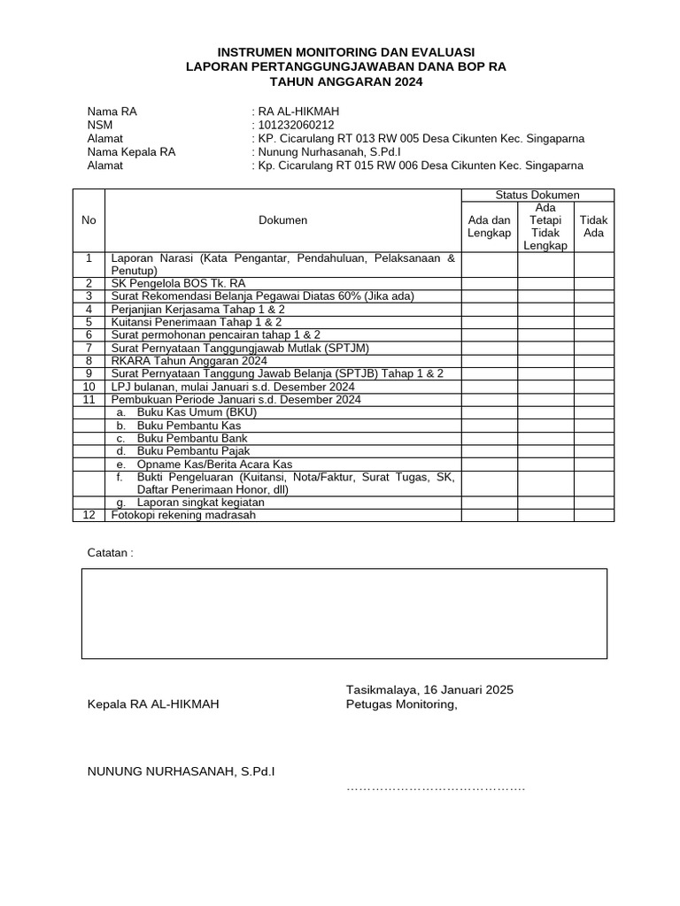 LPJ BOP RA 2024: RA Al-Hikmah | PDF