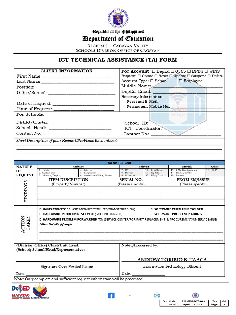 FM SDS Ict 001 Ict Ta Form | PDF | Computer Networking | Computing
