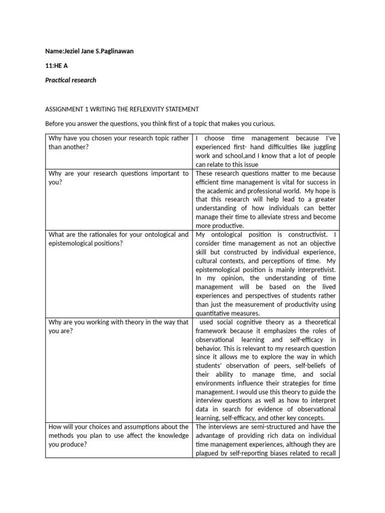 Assignment Reflexivity Statement | PDF | Epistemology | Theory