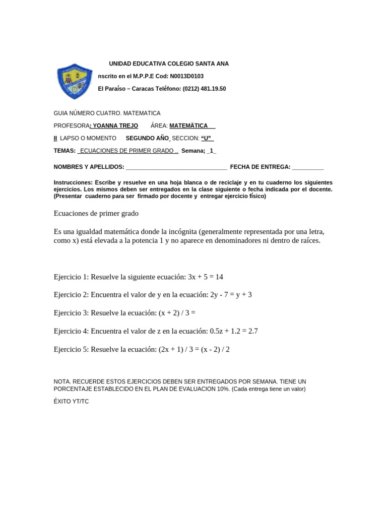 Guia Cuatro de Matematicas Segundo Año Ii Lapso 24-25 | PDF