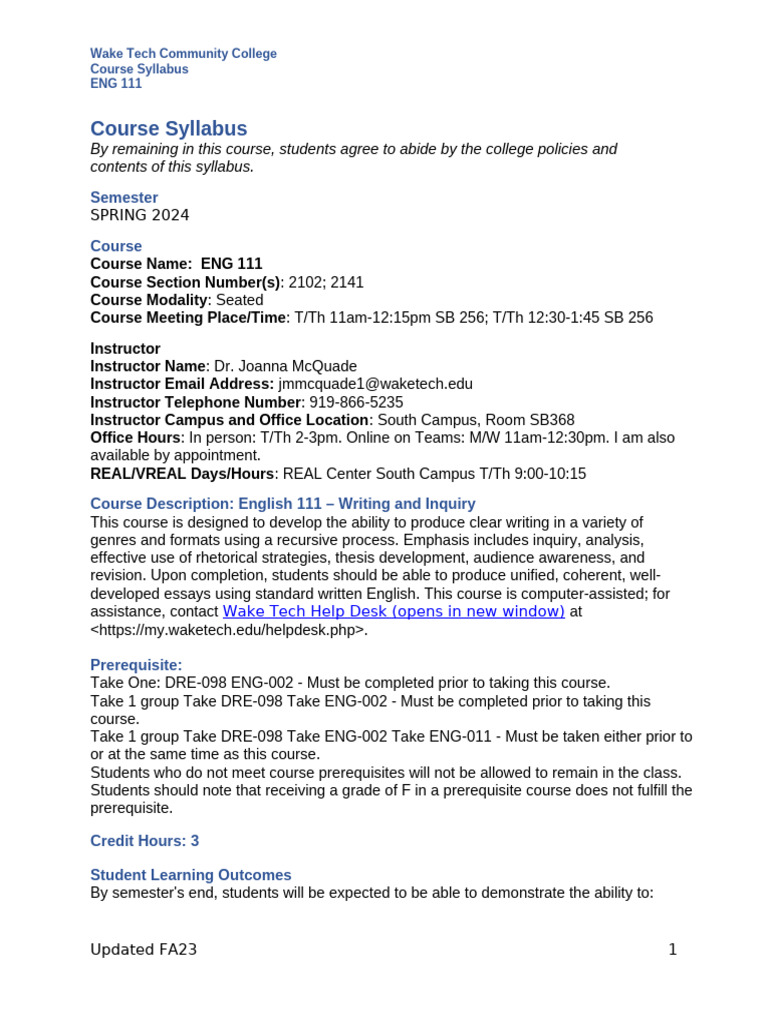 ENG 111 Course Syllabus - Spring 2024 | PDF | Essays | Plagiarism