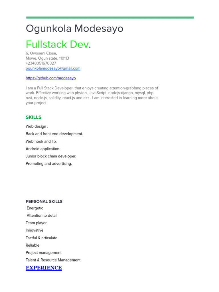 Fullstack Dev: Ogunkola Modesayo | PDF