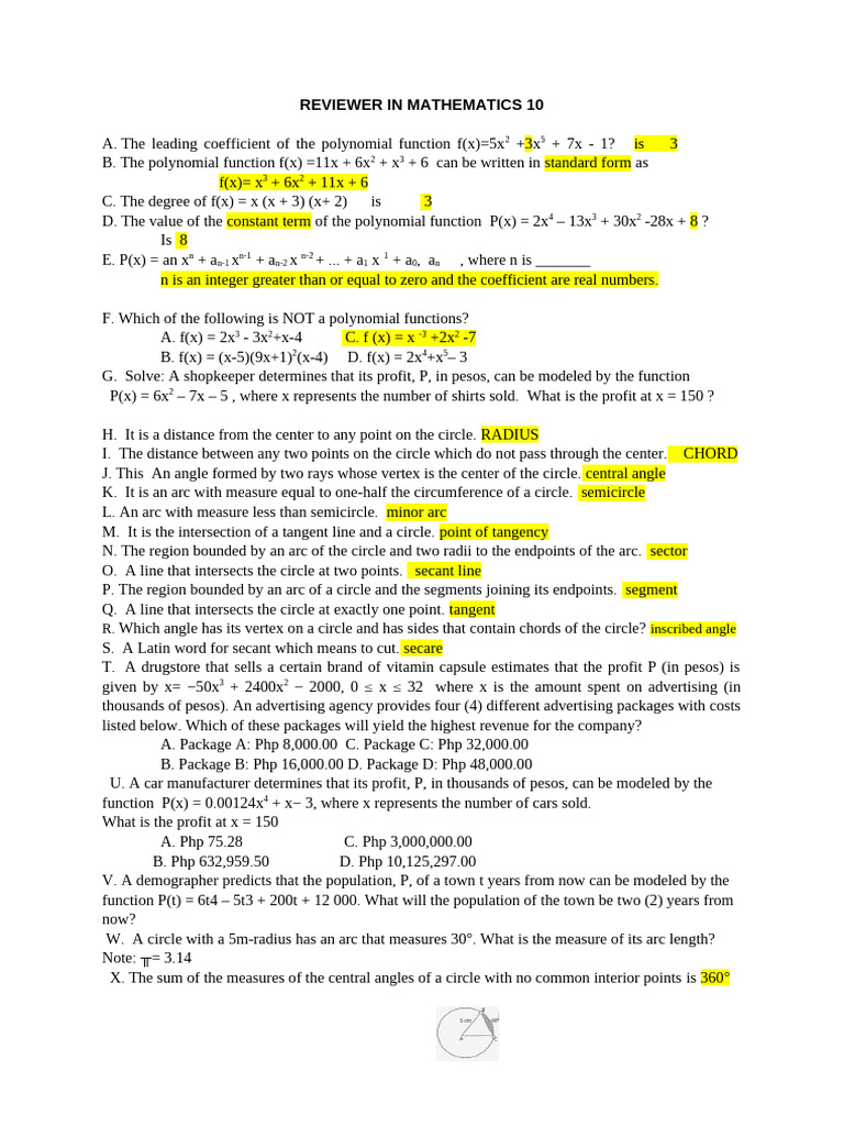 Reviewer PT - G10 - MATHEMATICS | PDF | Circle | Angle