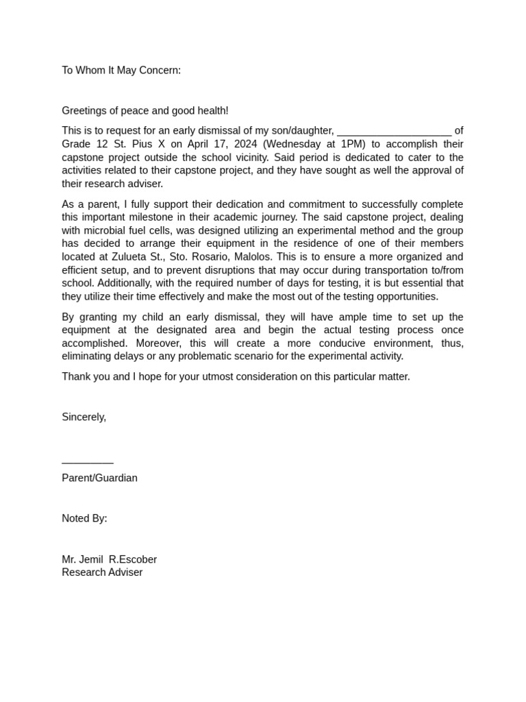 Letter Request for Capstone Project | PDF