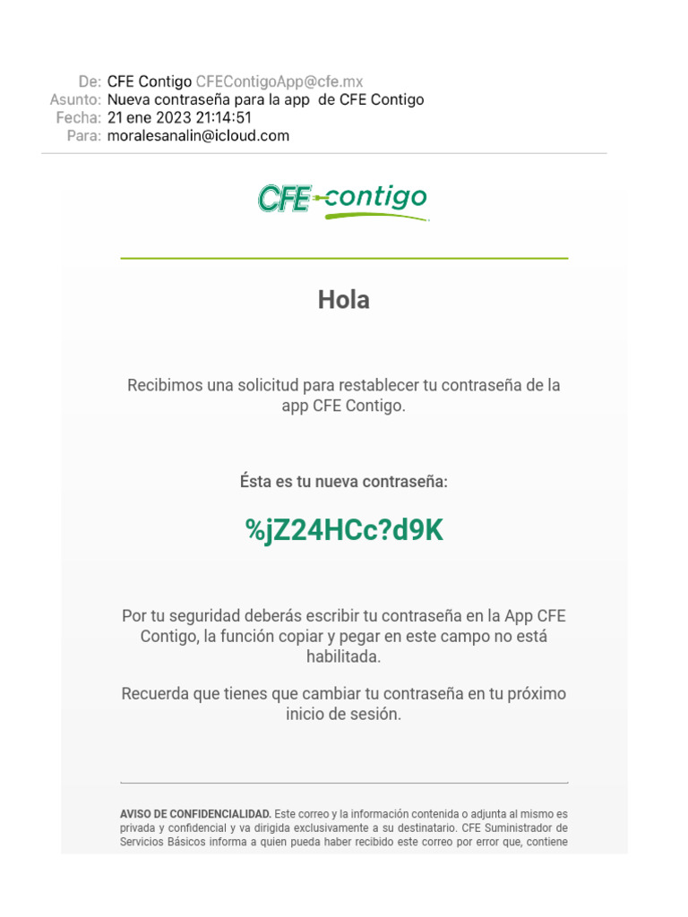 Nueva Contraseña para La App de CFE Contigo | PDF