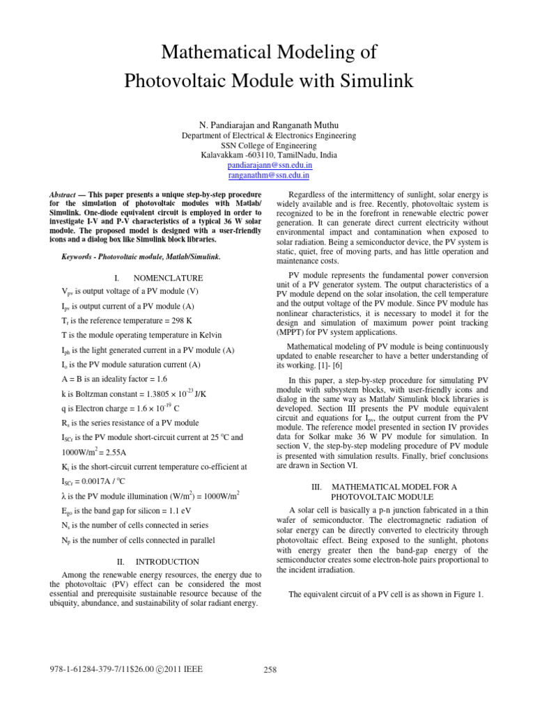 Mathematical Modeling of Photovoltaic Module With Simulink | PDF | Photovoltaics | Solar Panel