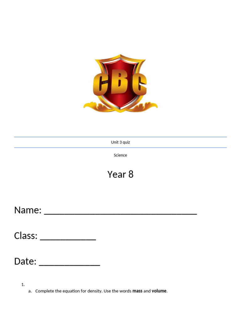 Year 8 Density Quiz and Concepts | PDF | Density | Matter