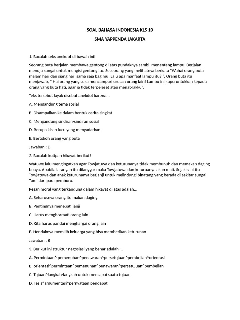 Soal Bahasa Indonesia KLS 10 | PDF