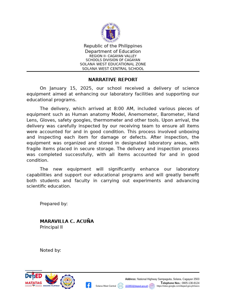 New Science Equipment Delivery Report Pdf Science