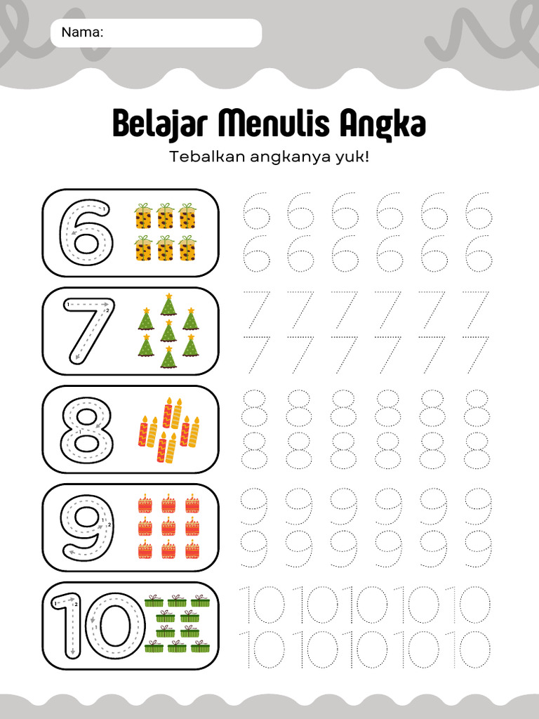 Lembar Kerja Belajar Menulis Angka 6-10 Abu Lucu Ilustras | PDF