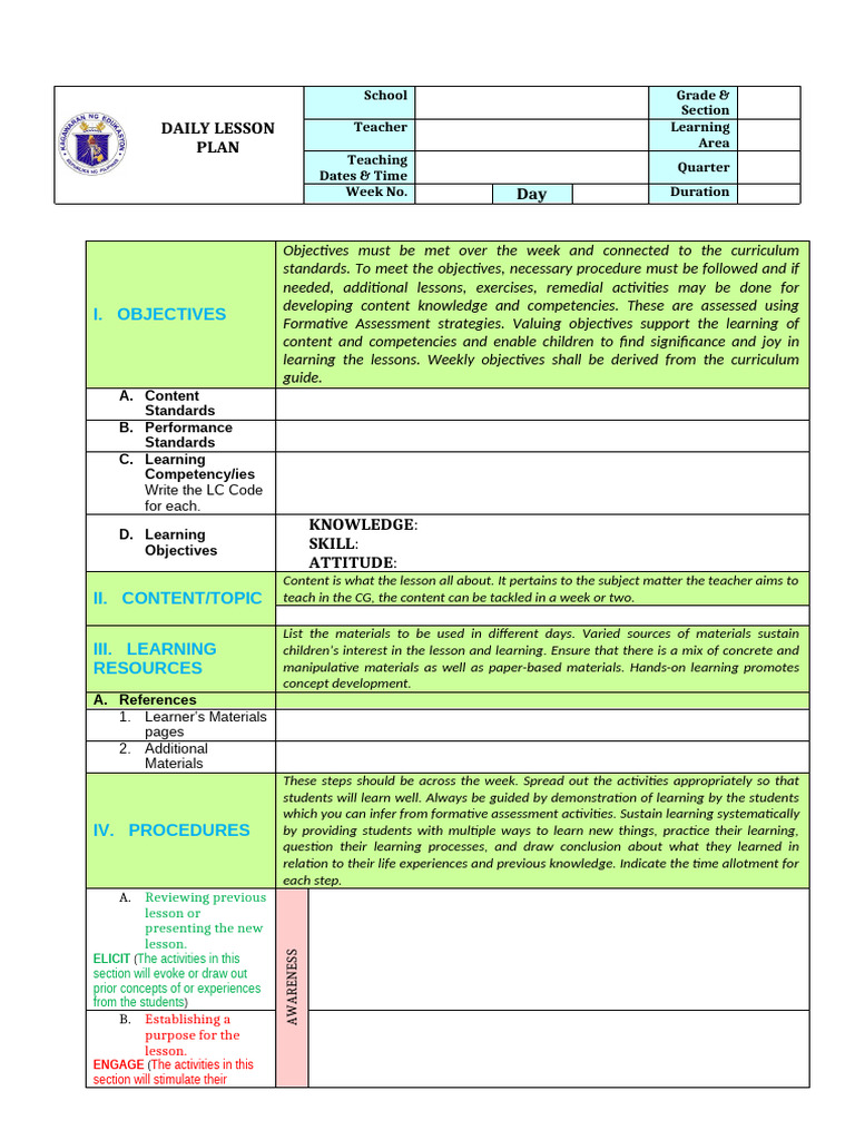 Daily Lesson Plan Blank | PDF | Learning | Educational Assessment