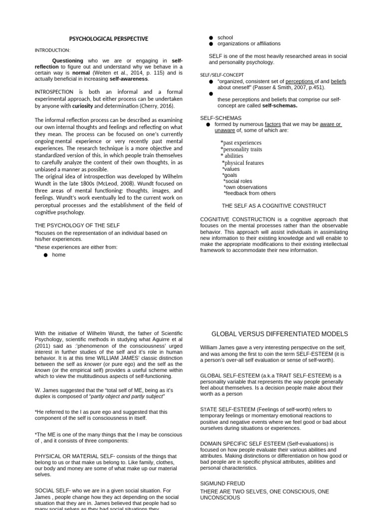 Psychological Perspective Handout | PDF | Self Efficacy | Self Esteem
