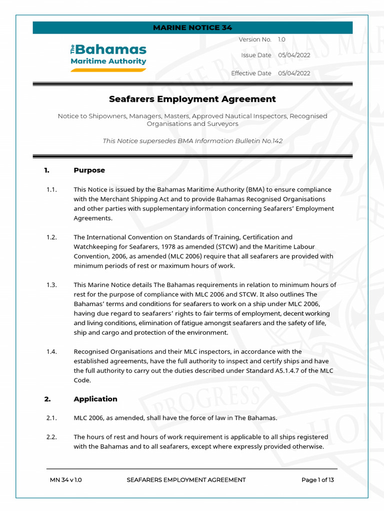 MN034 Seafarers Employment Agreement v1.0 (1) | PDF | Overtime | Employment