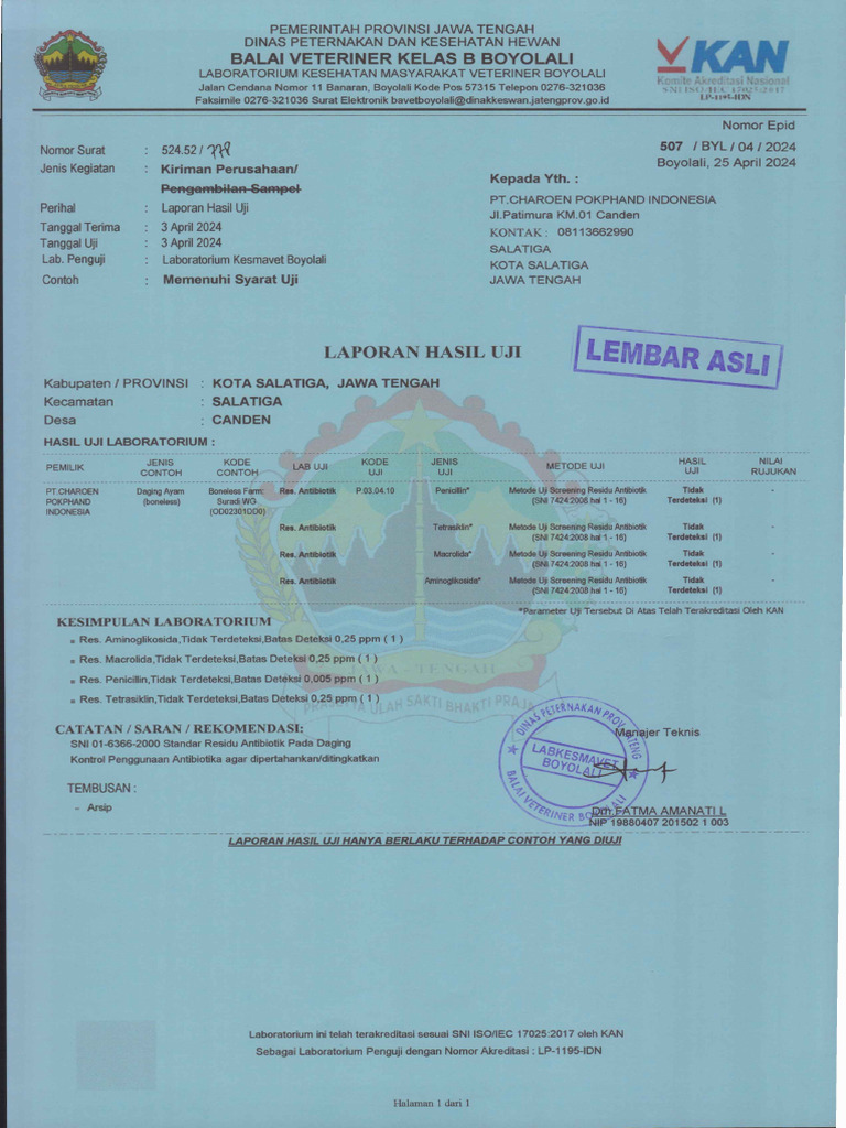 Hasil Analisa Residu Antibiotik - April 2024 (CP) | PDF