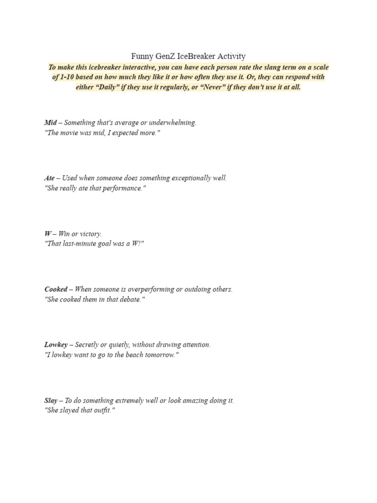 Funny GenZ IceBreaker Activity | PDF
