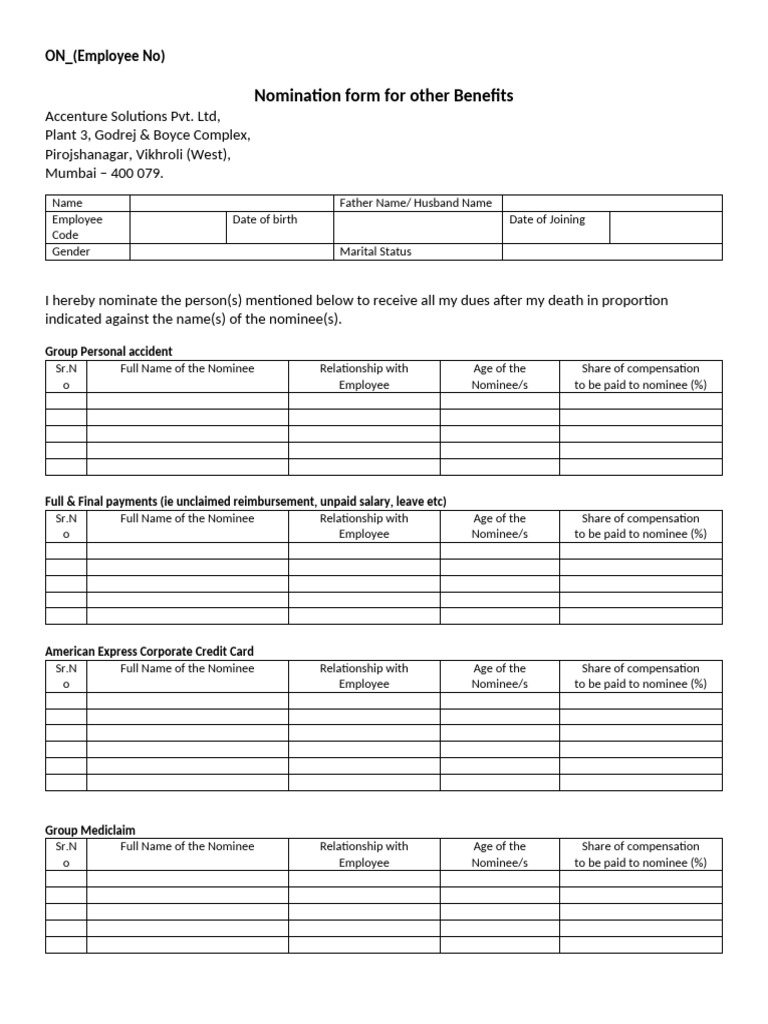 Nomination For Other Benefit-Blank Form - Exclding EDLI | PDF ...