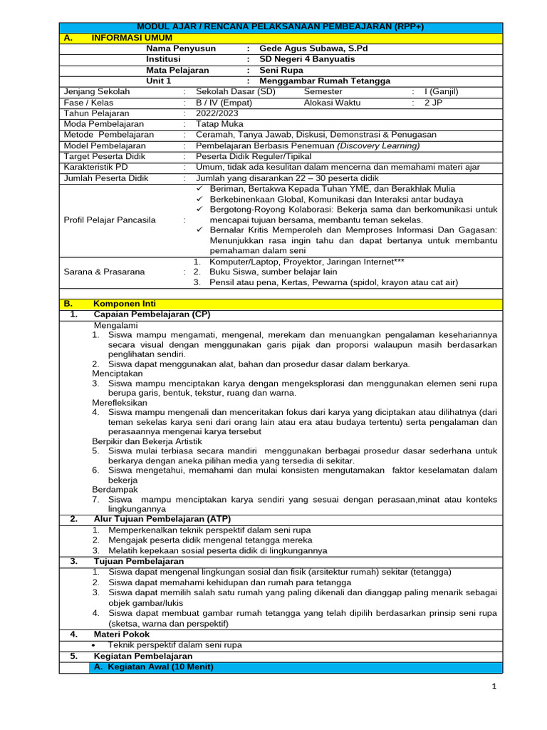 RPP Seni Rupa KLS Iv SMS 1 | PDF
