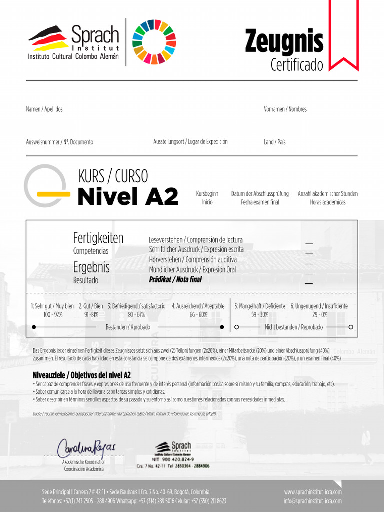 IV-A2-3496 - Zeugnis A2 Certificado | PDF