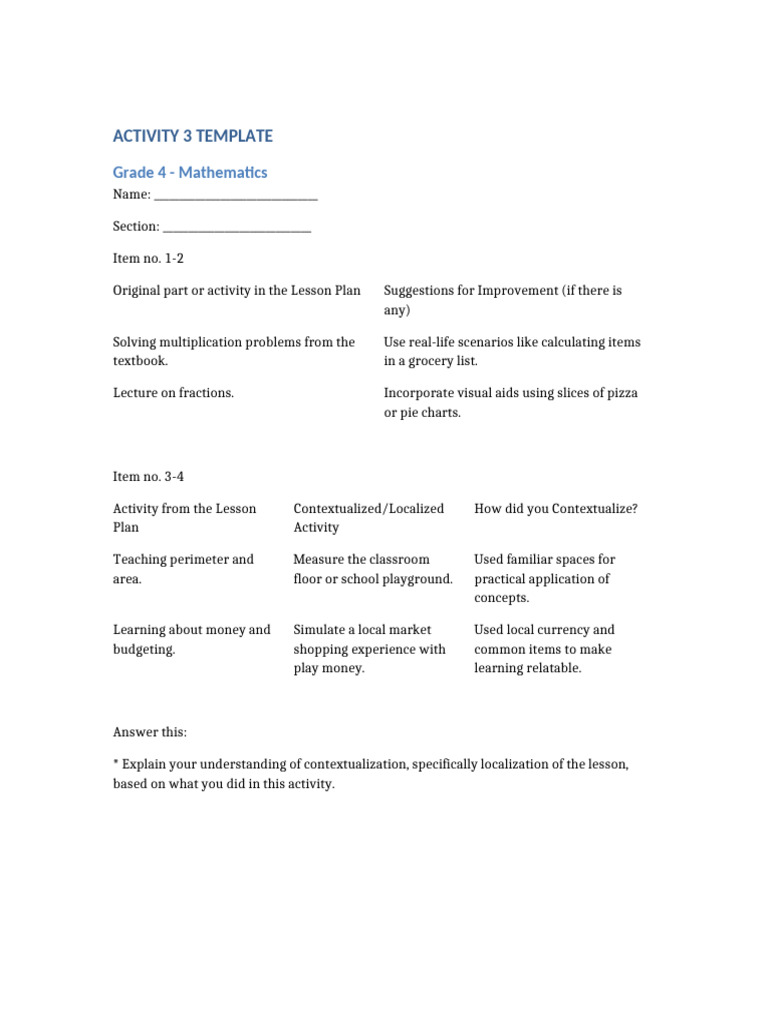 Grade 4 Mathematics Activity 3 Template | PDF