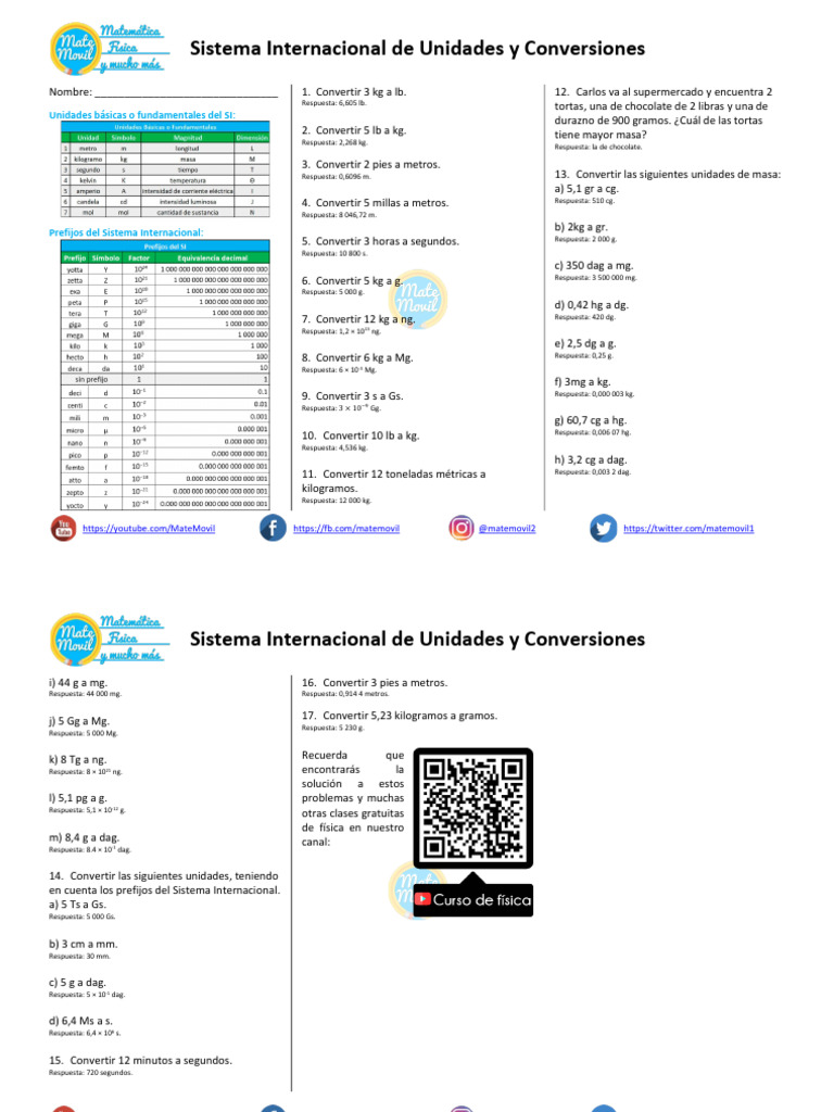 Sistema Internacional de Unidades y Conversiones Ejercicios Propuestos PDF | PDF | Masa | Metrología