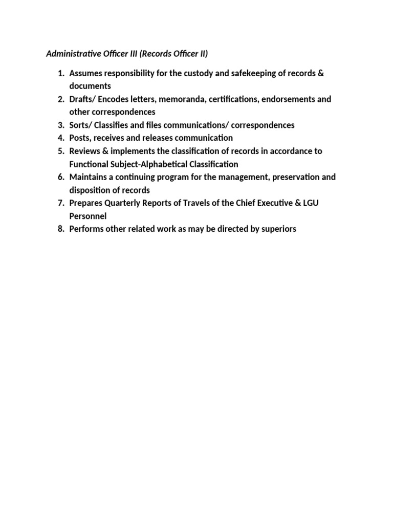 Functions - Administrative Officer III (Records Officer II) | PDF