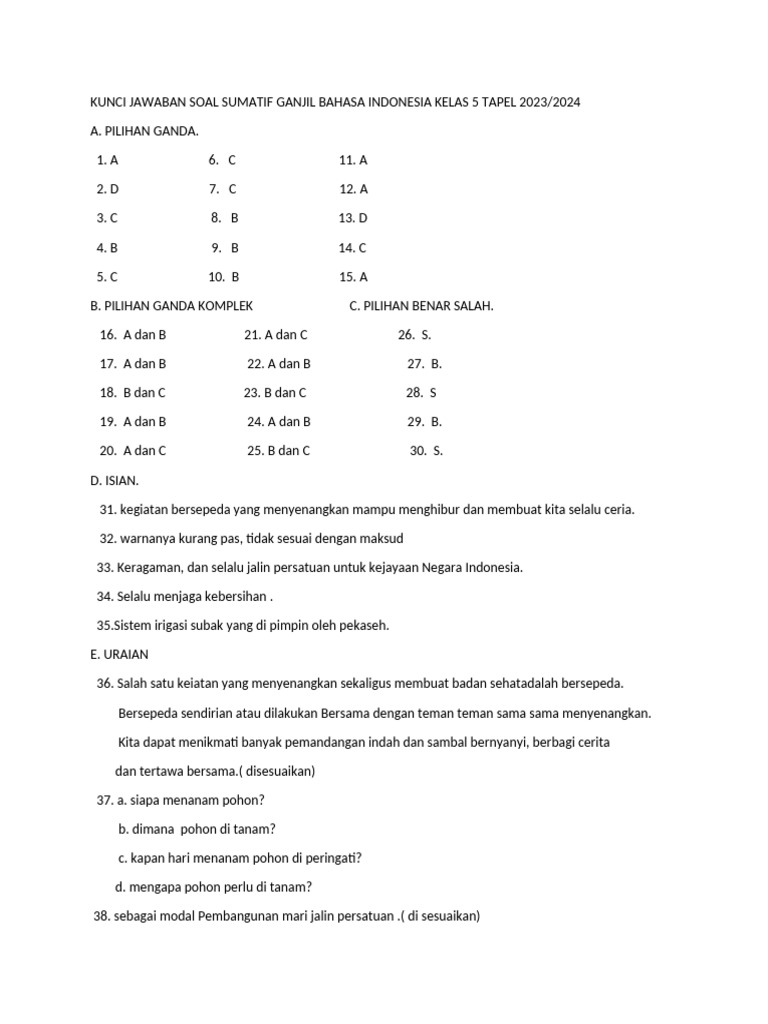 Kunci Jawaban Soal Sumatif Ganjil Bahasa Indonesia Kelas 5 Tapel 2023 | PDF