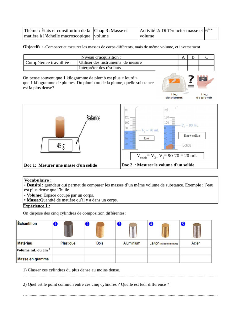 Évaluation sur la Masse et le Volume 6ème | PDF | Masse | Le volume