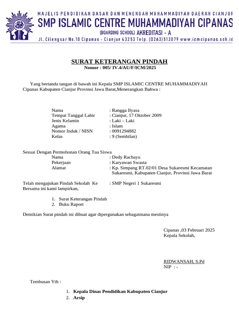 SK Pindah Siswa | PDF