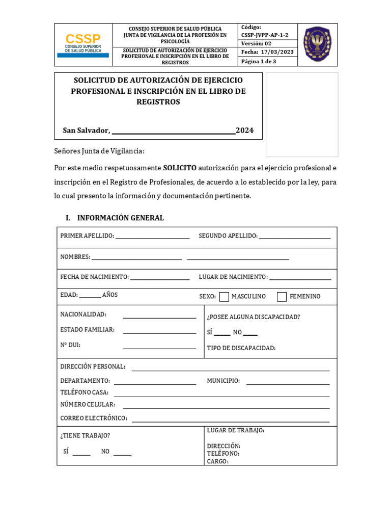 CSSP JVPP AP 1 2 Solicitud de Autorizacion de Ejercicio Profesional e ...
