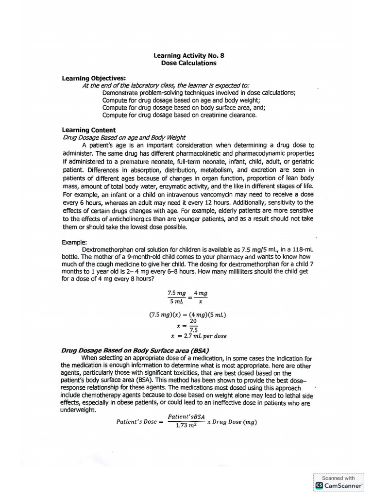 Pharmaceutical Calculation Lab - Dosage Calculations | PDF