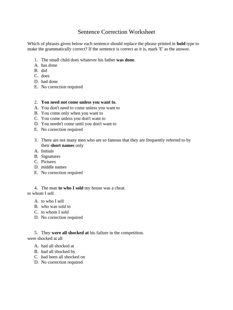 All Sentence Correction Worksheet | PDF