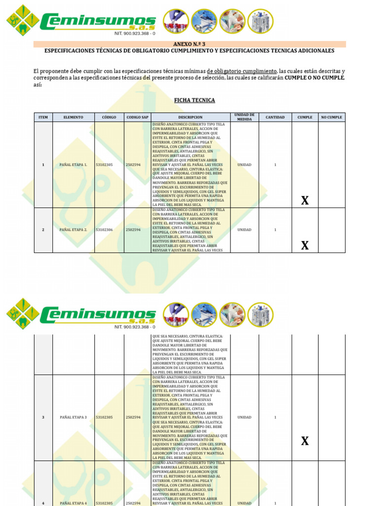 Anexo 3. Especificaciones T Cnicas de Obligatorio Cumplimiento Ok | PDF | Pañal