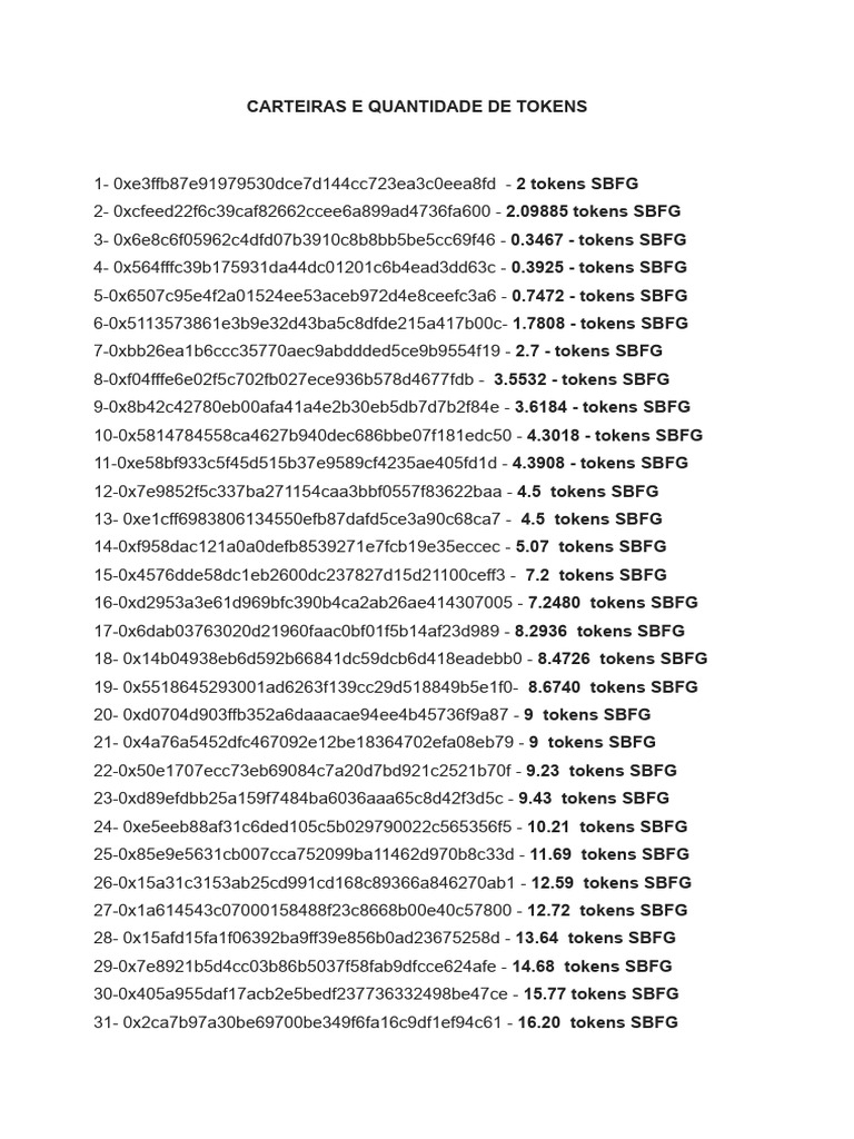 Carteiras e Tokens SBFG Detalhados | PDF