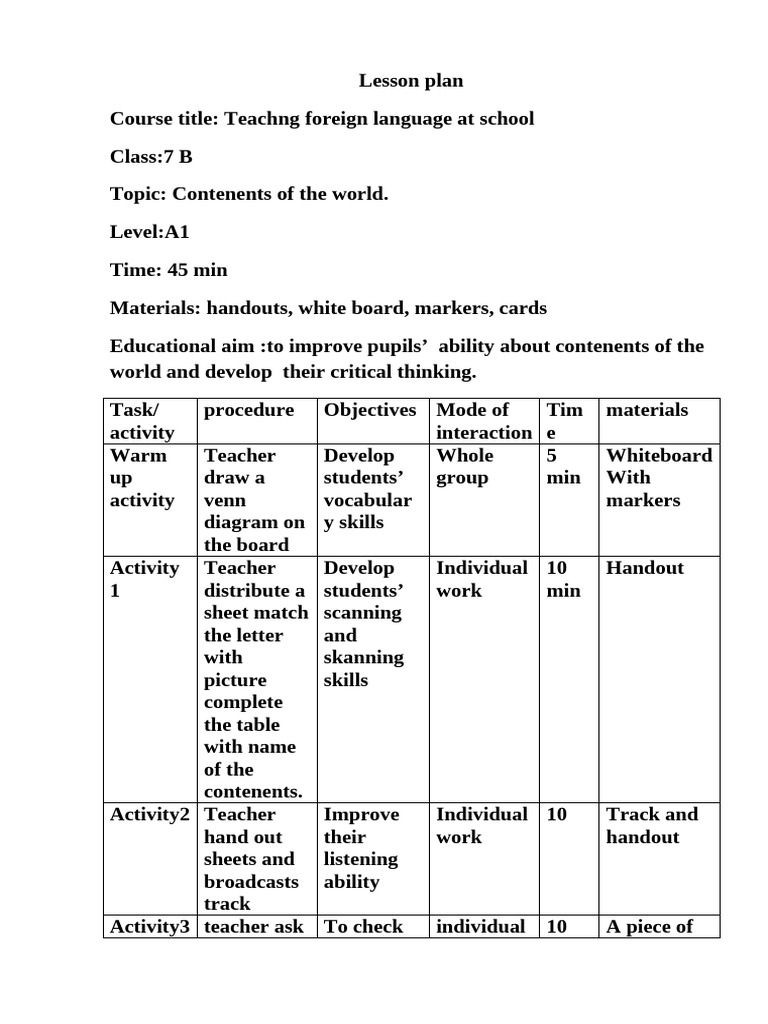 Lesson Plan: Teaching Continents A1 | PDF
