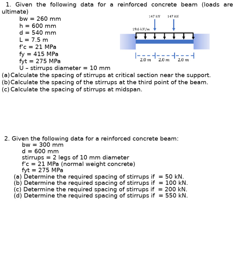 Reinforced Concrete Beam Stirrup Spacing Calculations | PDF