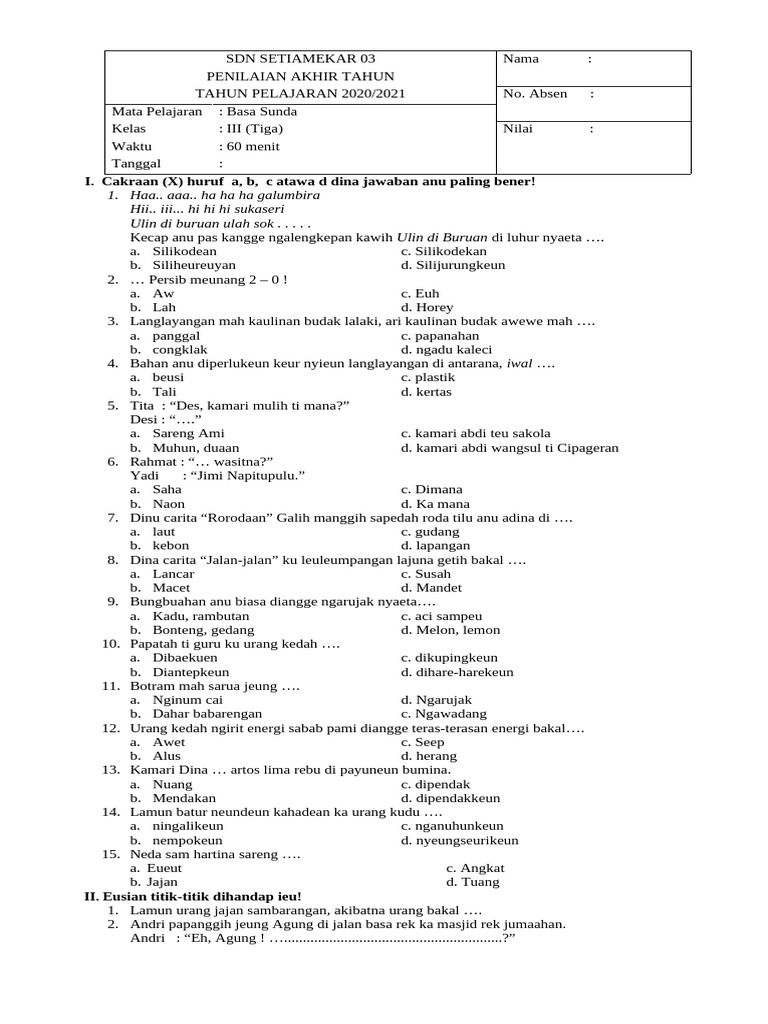 SOAL PAS BAHASA SUNDA KELAS 3 | PDF