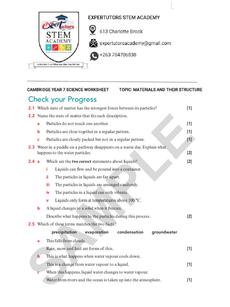 Year 7 Science: Materials Worksheet | PDF