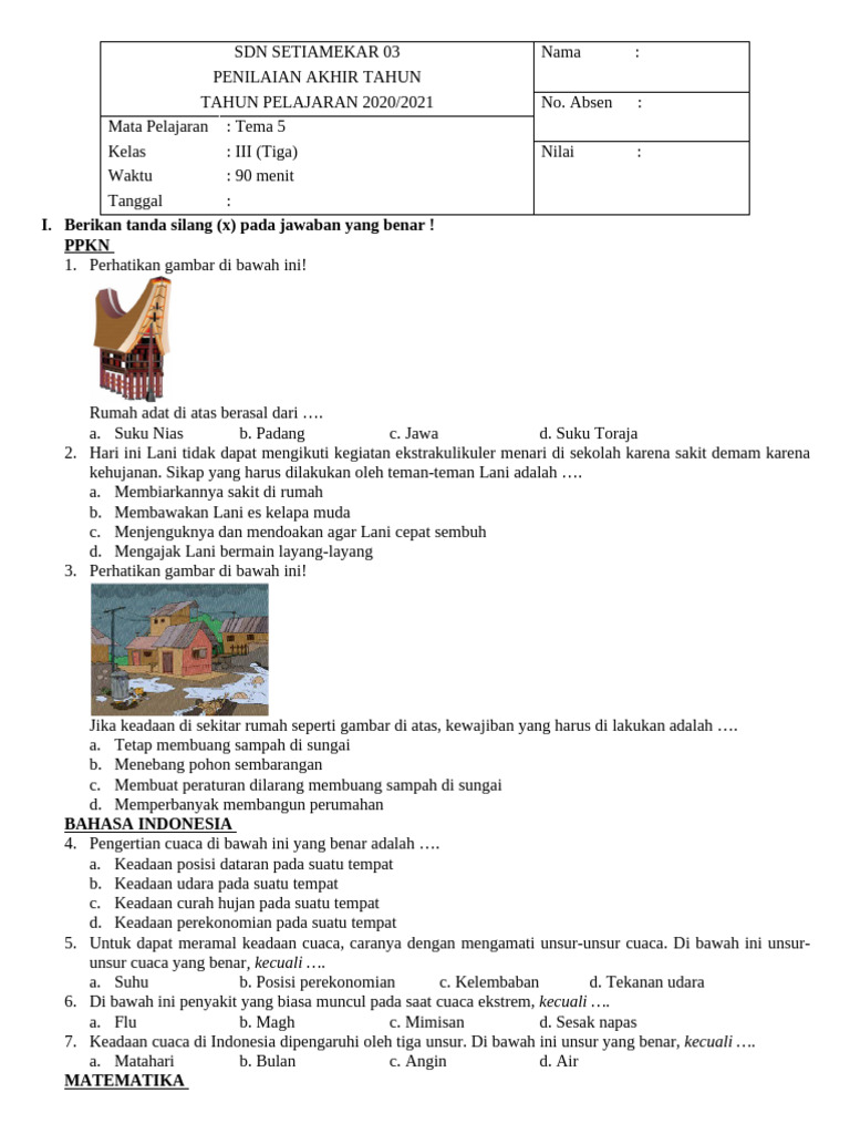 SOAL PAS KELAS 3 TEMA 5 | PDF