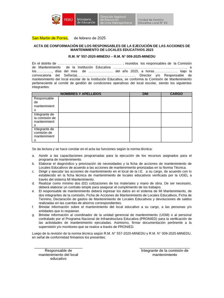 Modelo de Acta de Conformaci N de Comisi N de Mantenimiento y Comite Veedor Mant Regular 2024 1 ...