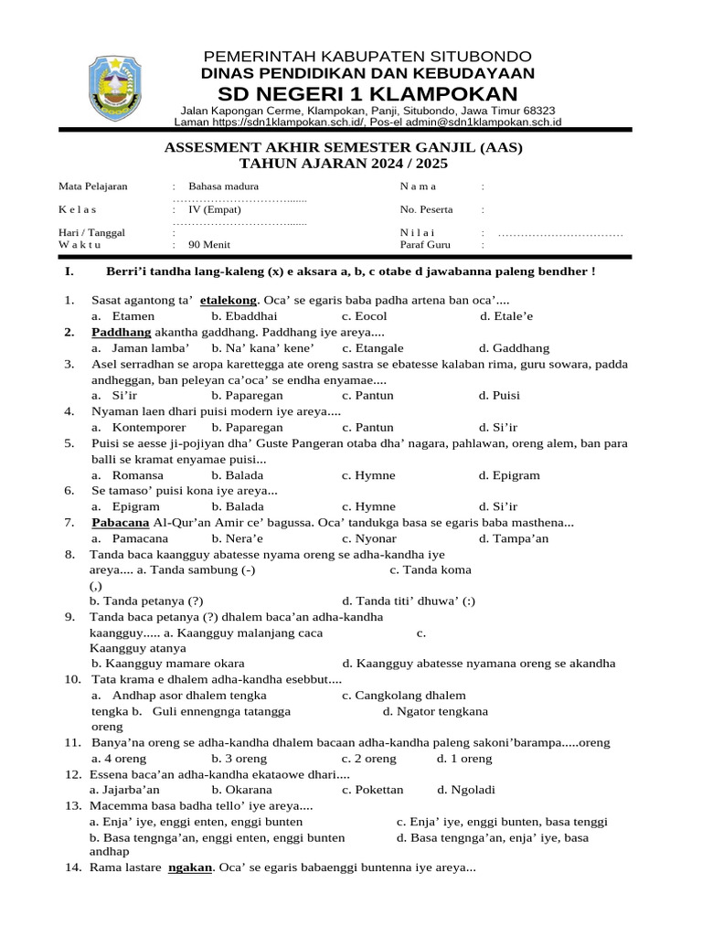 BHs Madura Kls 4 Ganjil | PDF