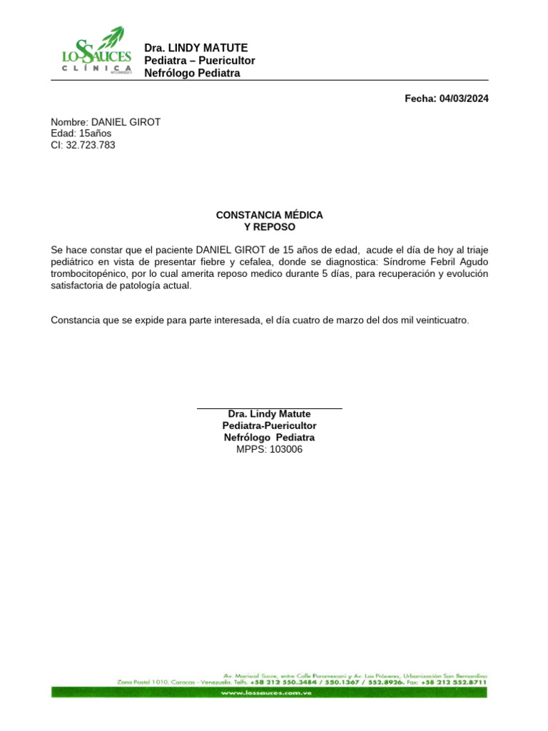 Constancia Médica Daniel Dengue | PDF