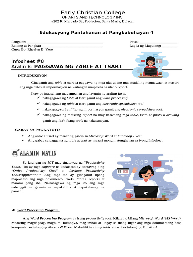 Infosheet 8 Aralin 8 Paggawa NG Table at Tsart | PDF