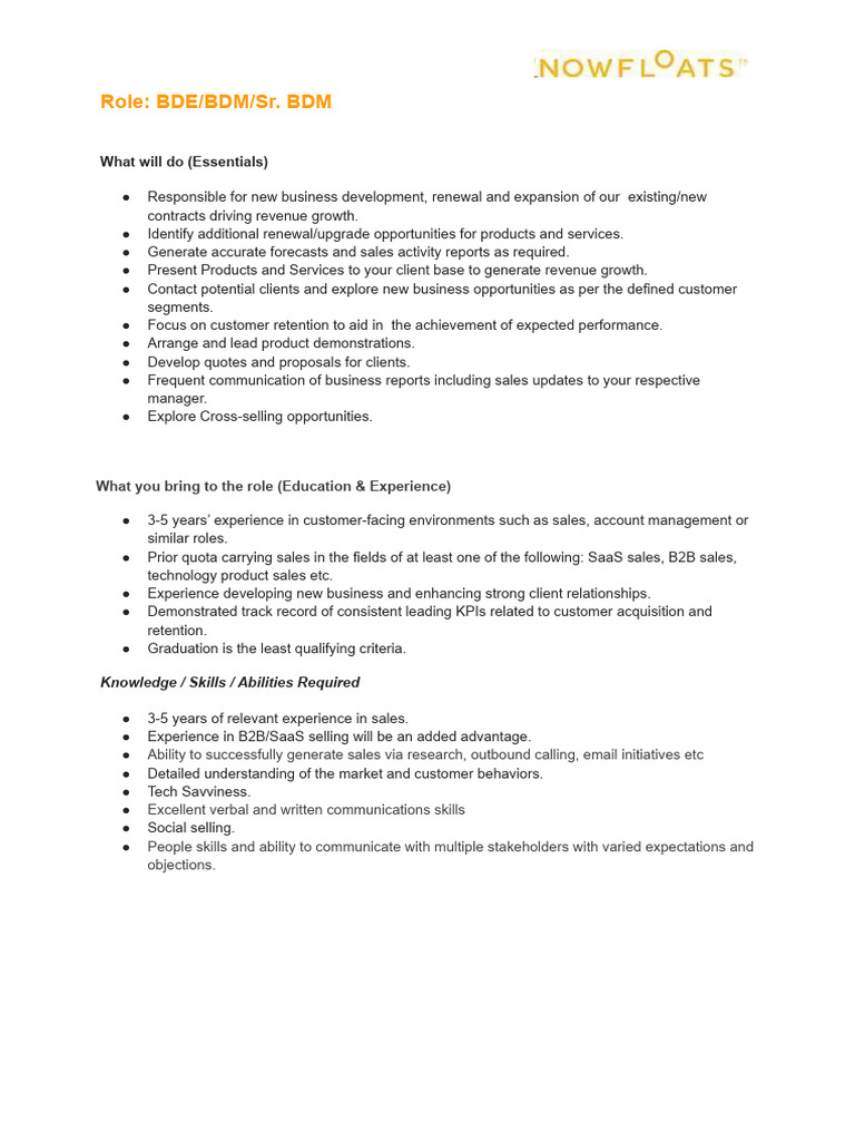 BDE/BDM Role: Sales & Business Growth | PDF