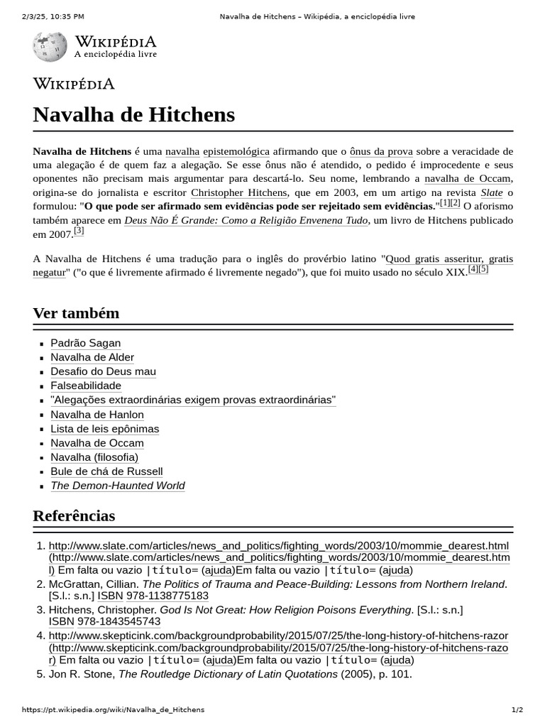 Navalha de Hitchens - Wikipédia, A Enciclopédia Livre | PDF | Ateísmo ...